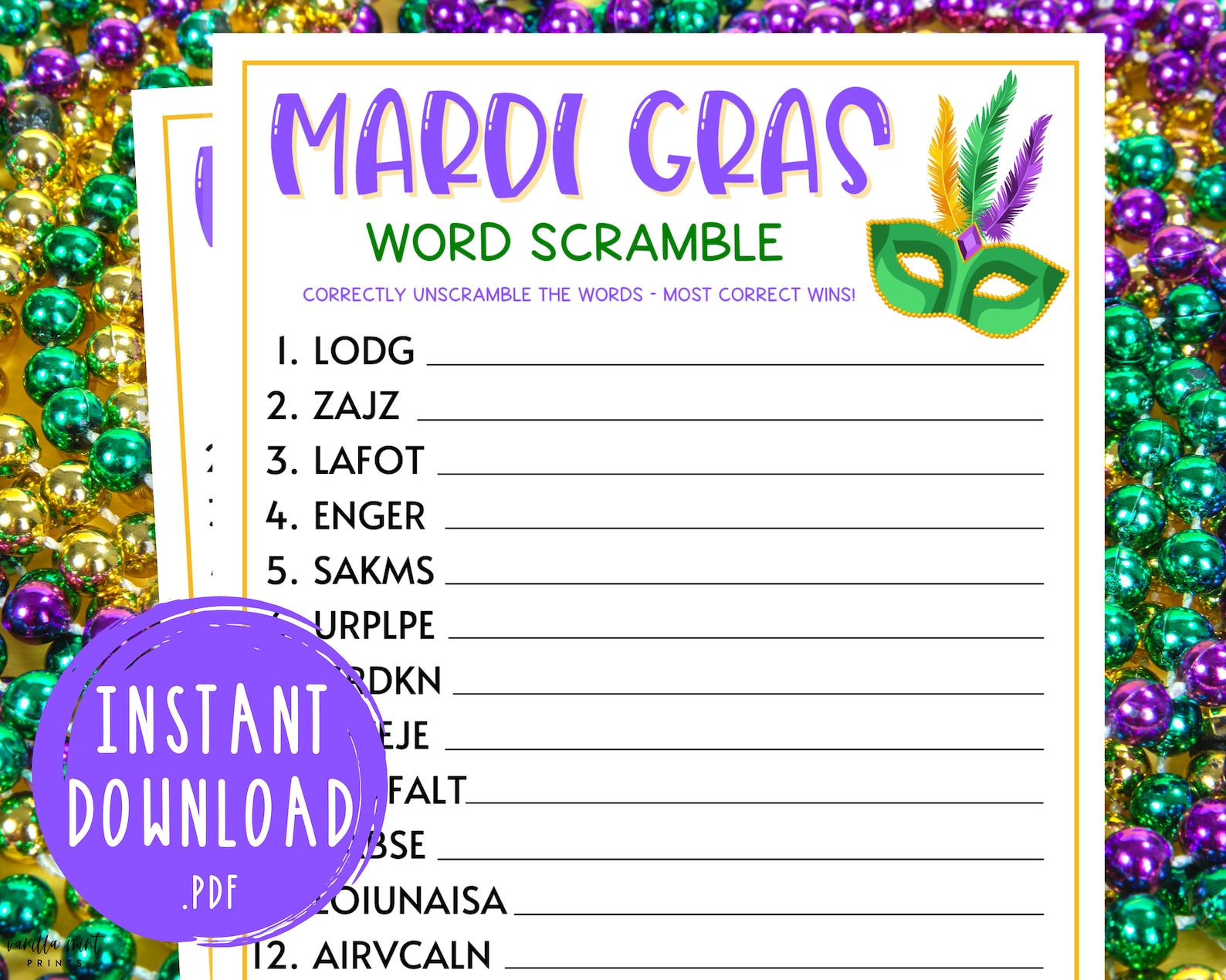 Mardi Gras Word Scramble Game | Fat Tuesday Party Games | Carnival ...