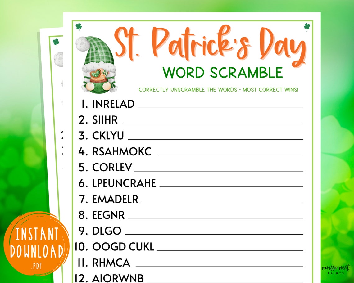 St. Patrick's Day Word Scramble Game Irish Games Fun - Etsy