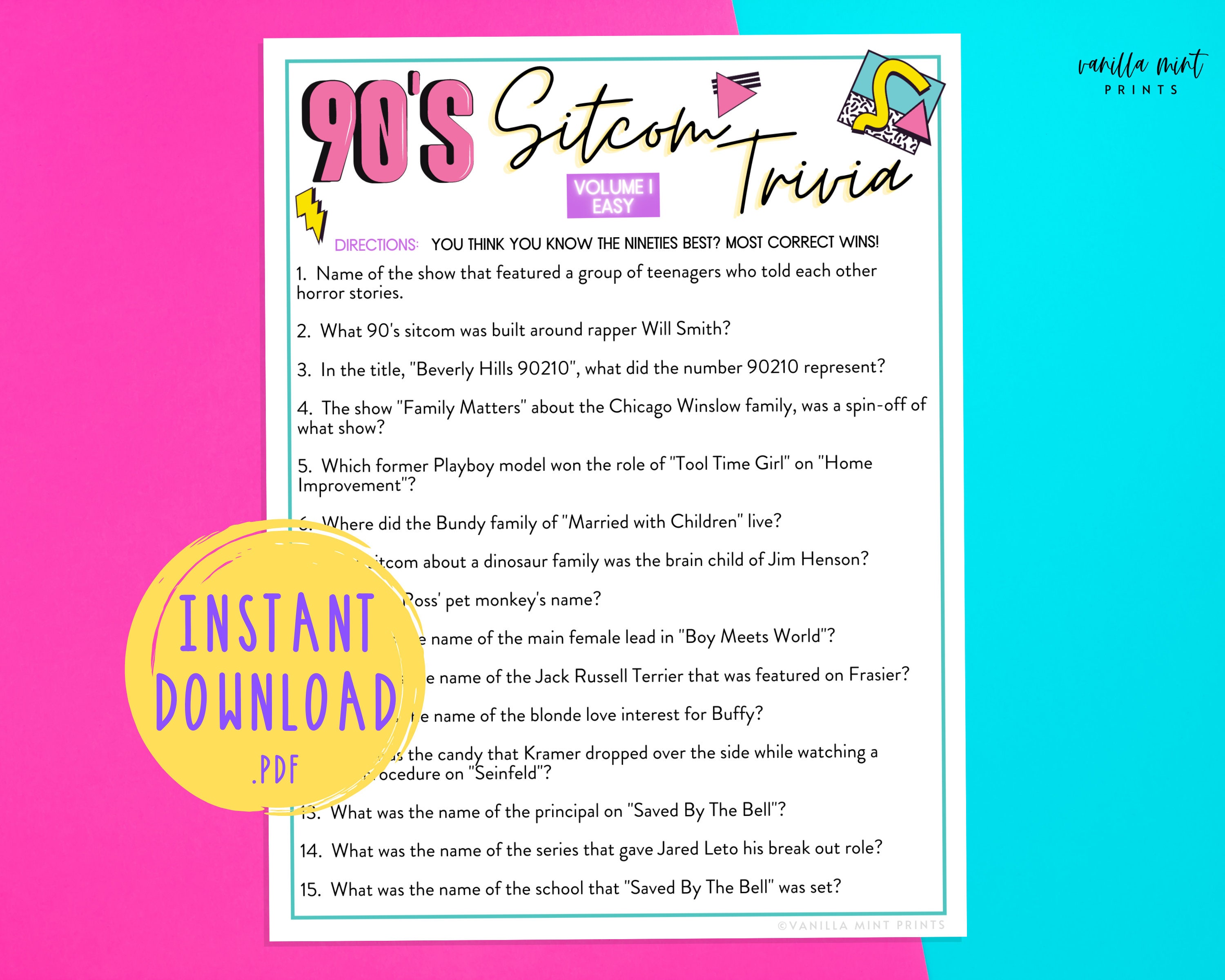 1990's Trivia 90s TV Sitcom Trivia EASY Nineties - Etsy