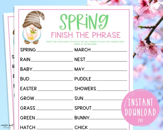 Spring Finish the Phrase Printable Springtime Games Party | Etsy