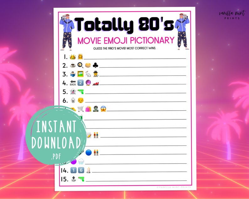 Totally 80's Movie Emoji Pictionary Party Game Printable - Etsy Australia