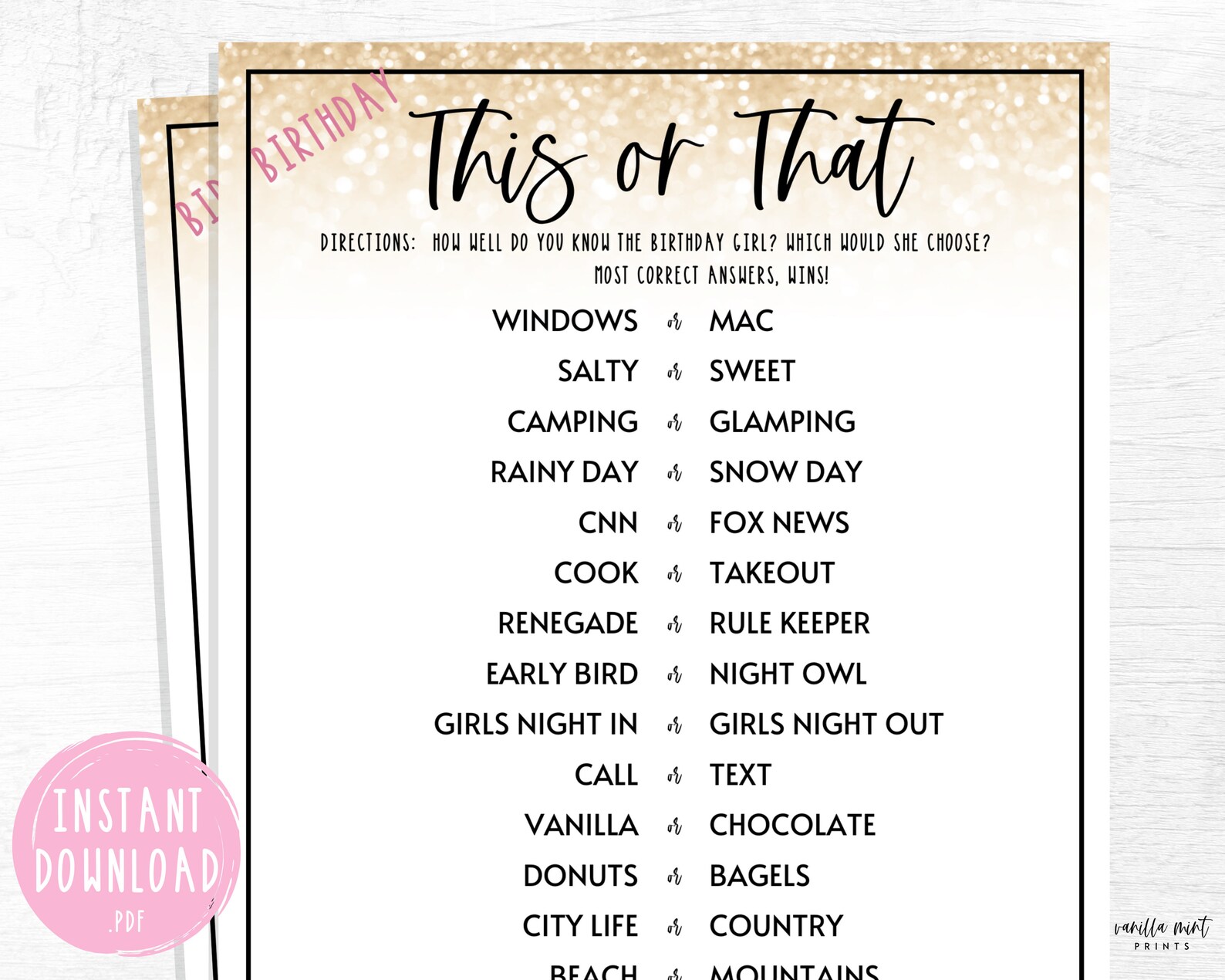 Adult Birthday Party Games Birthday This or That Party Game | Etsy