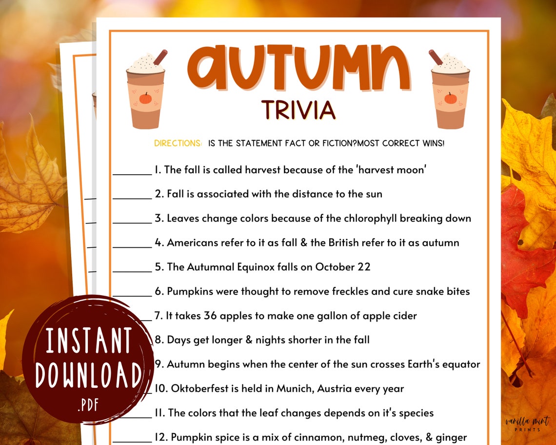 Fall Trivia Game Printable Autumn Games Fall Time | Etsy