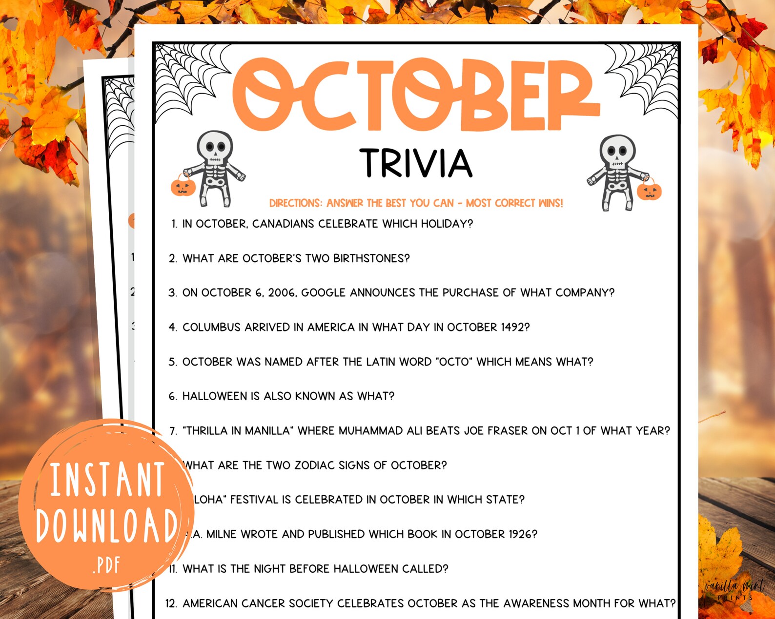 October Trivia Game | Printable Month Party Games | Fall Activities for ...
