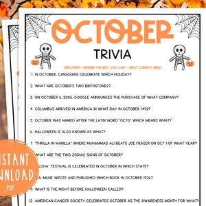 October Trivia Game | Printable Month Party Games | Fall Activities for ...
