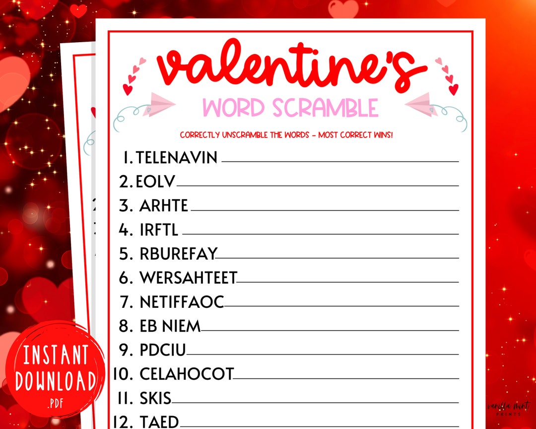 Valentine's Day Word Scramble Game Valentine Printable Games Fun ...