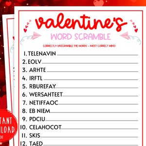 Valentine's Day Word Scramble Game Valentine Printable Games Fun ...