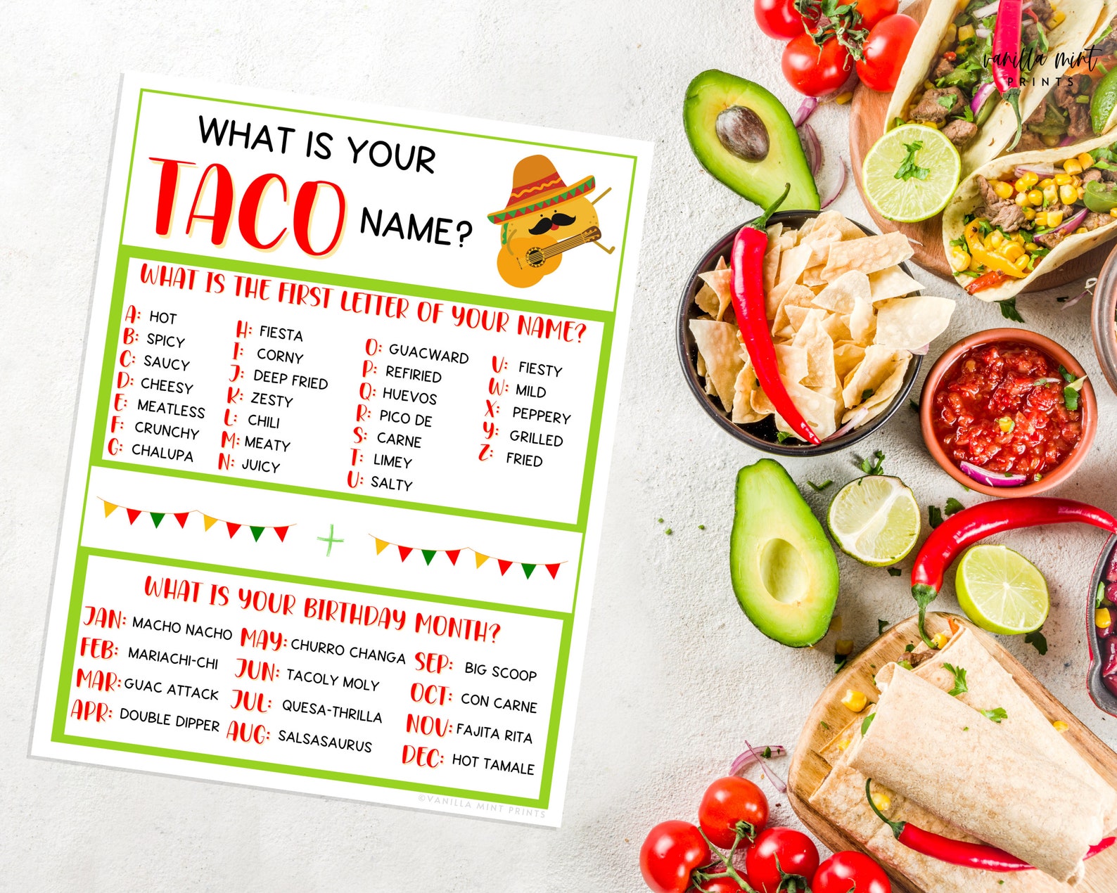 Whats Your Taco Name Game Cinco De Mayo Mexican Party Games Fun Cinco ...