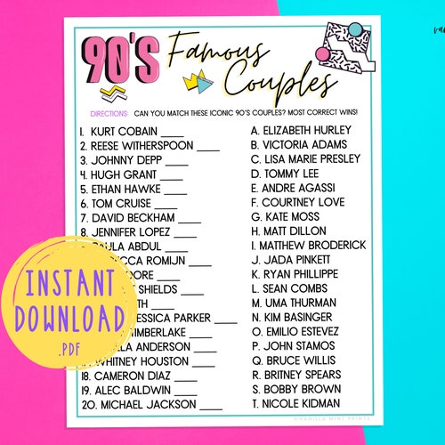 1990's Trivia 90s Famous Couples Match Iconic Couples - Etsy