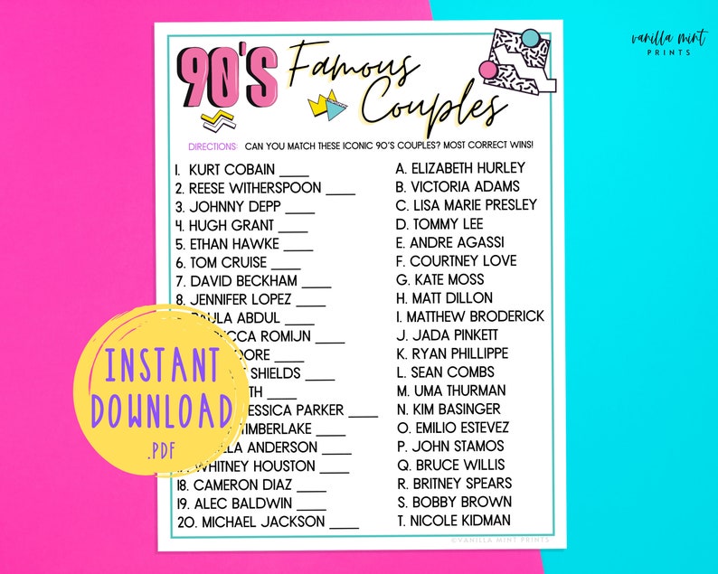 1990's Trivia 90s Famous Couples Match Iconic Couples - Etsy