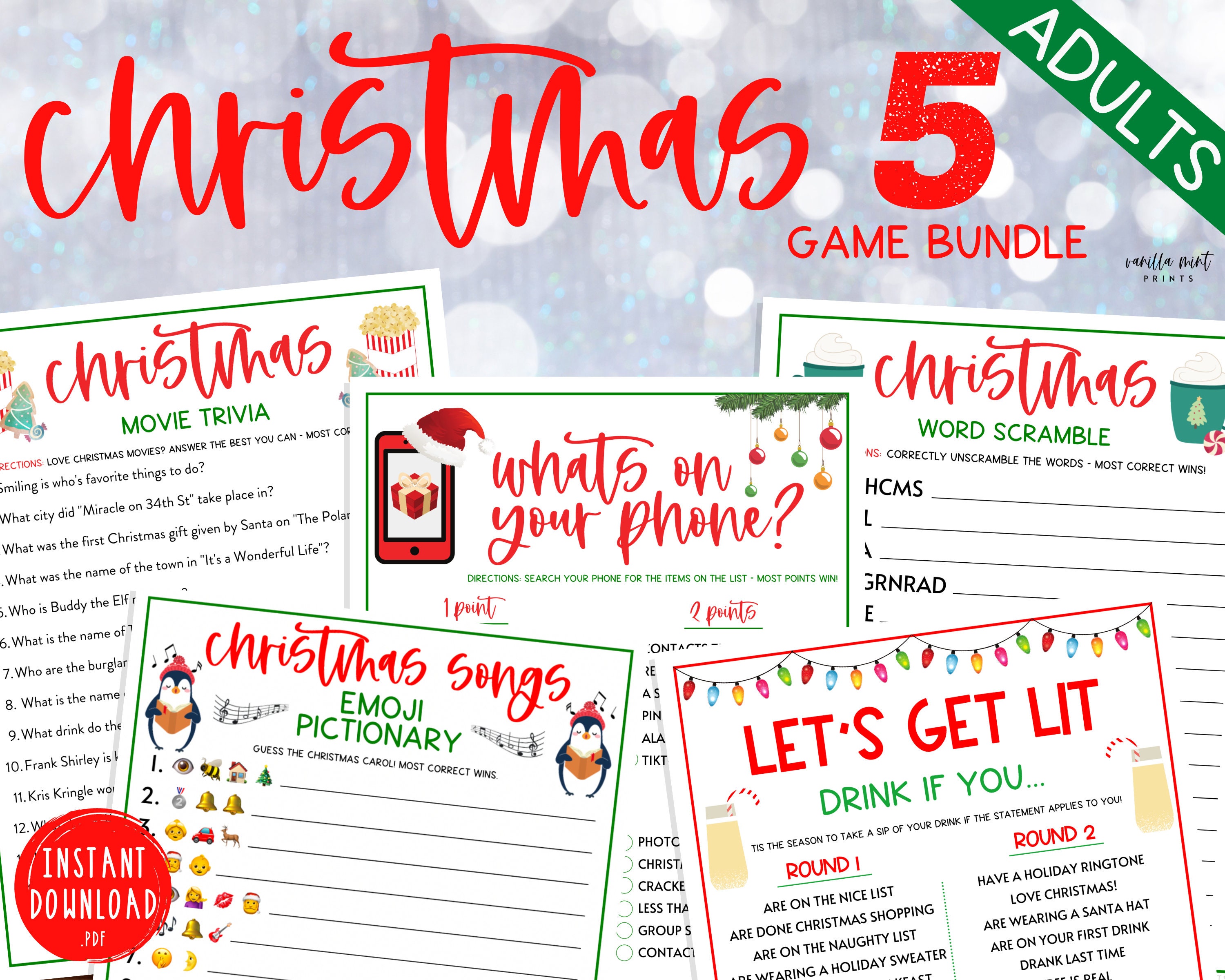 ADULTS Christmas Game BUNDLE 5 Christmas Printable Games for - Etsy