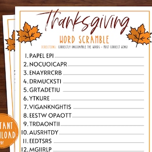 Thanksgiving Word Scramble Game Thanksgiving Printable Games | Etsy