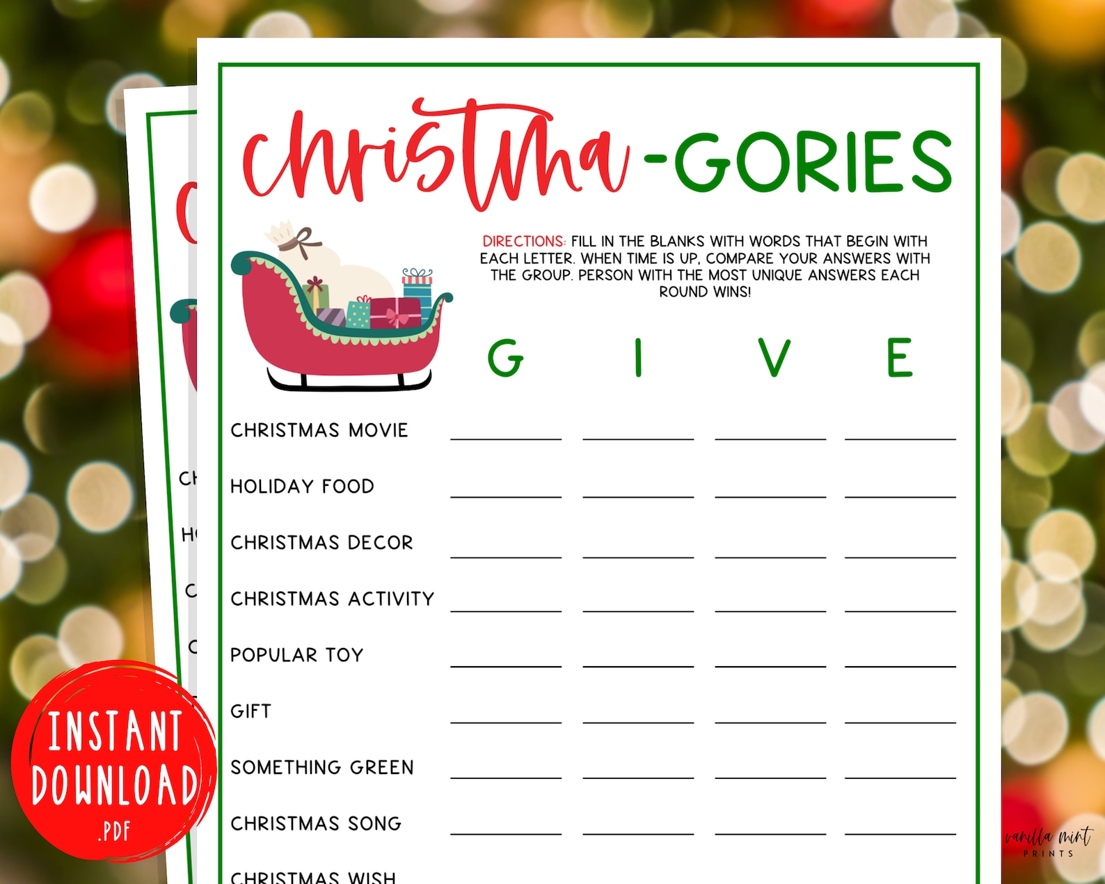 Christmas Scattergories Game Christma-gories Printable Games - Etsy