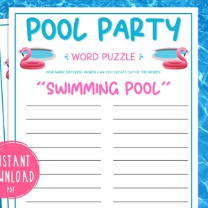 Pool Party Word Puzzle Game | Fun Printable Summertime Party Games ...