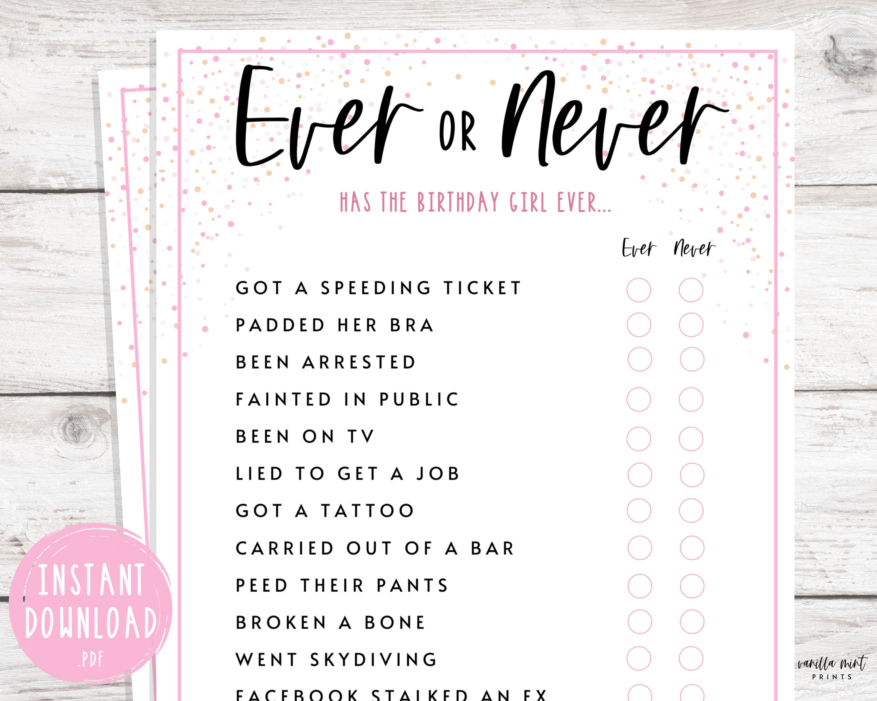 Adult Birthday Party Games | Ever or Never Birthday Party Game for Her ...