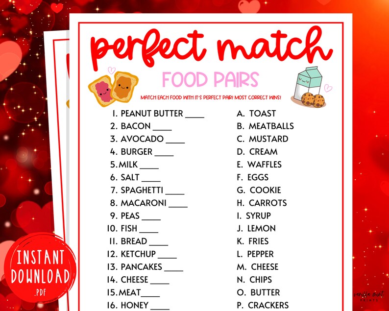 Valentine's Day Perfect Match Food Pairs Game Valentine | Etsy