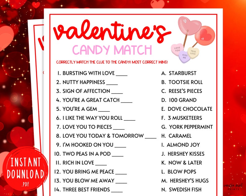 Valentine's Day Candy Match Game Fun Valentine's Day | Etsy
