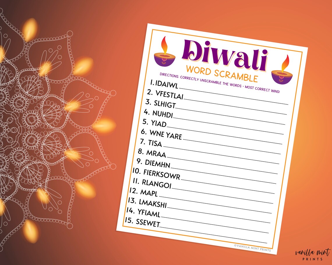 Diwali Word Scramble Game Printable Festival of Lights Party - Etsy