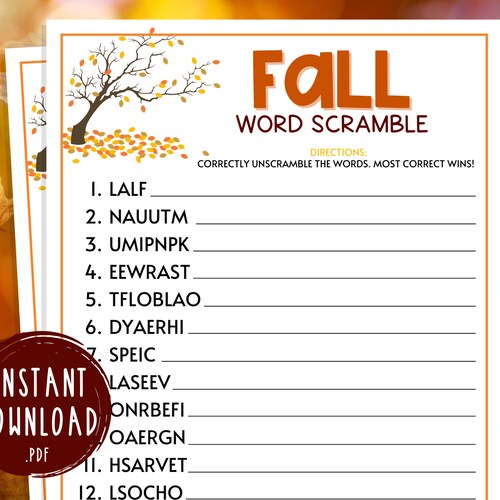 Fall Word Scramble Game Printable Autumn Games Fall Time - Etsy