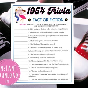 1954 Trivia 50s Pop Culture Trivia Fact or Fiction 70th Birthday Back ...