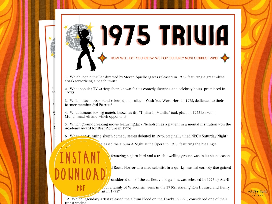 1975 Trivia 70s Pop Culture Trivia Party Game50th Birthday Back to 70s ...