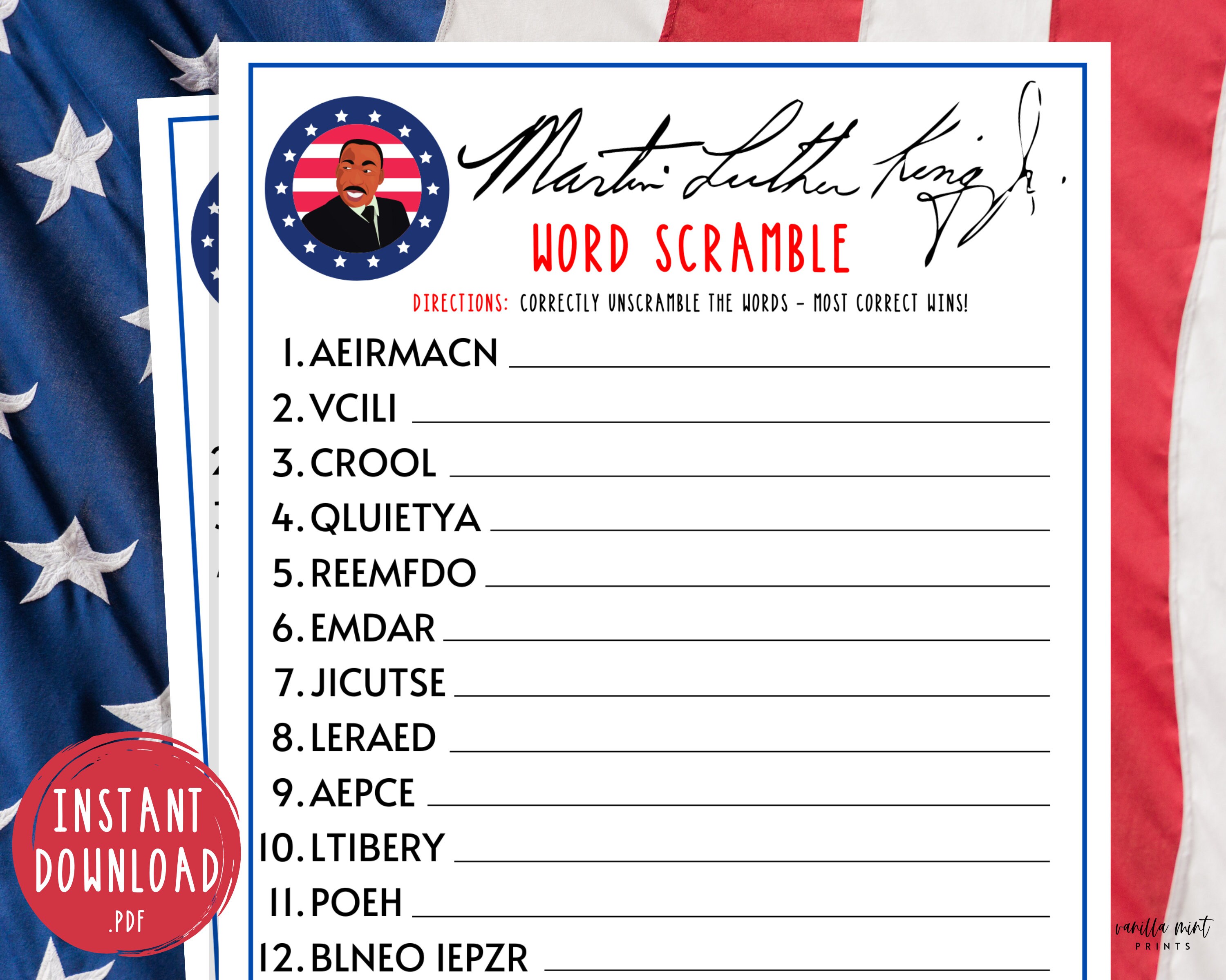 Martin Luther King Jr Word Scramble Game MLK Jr Day - Etsy UK