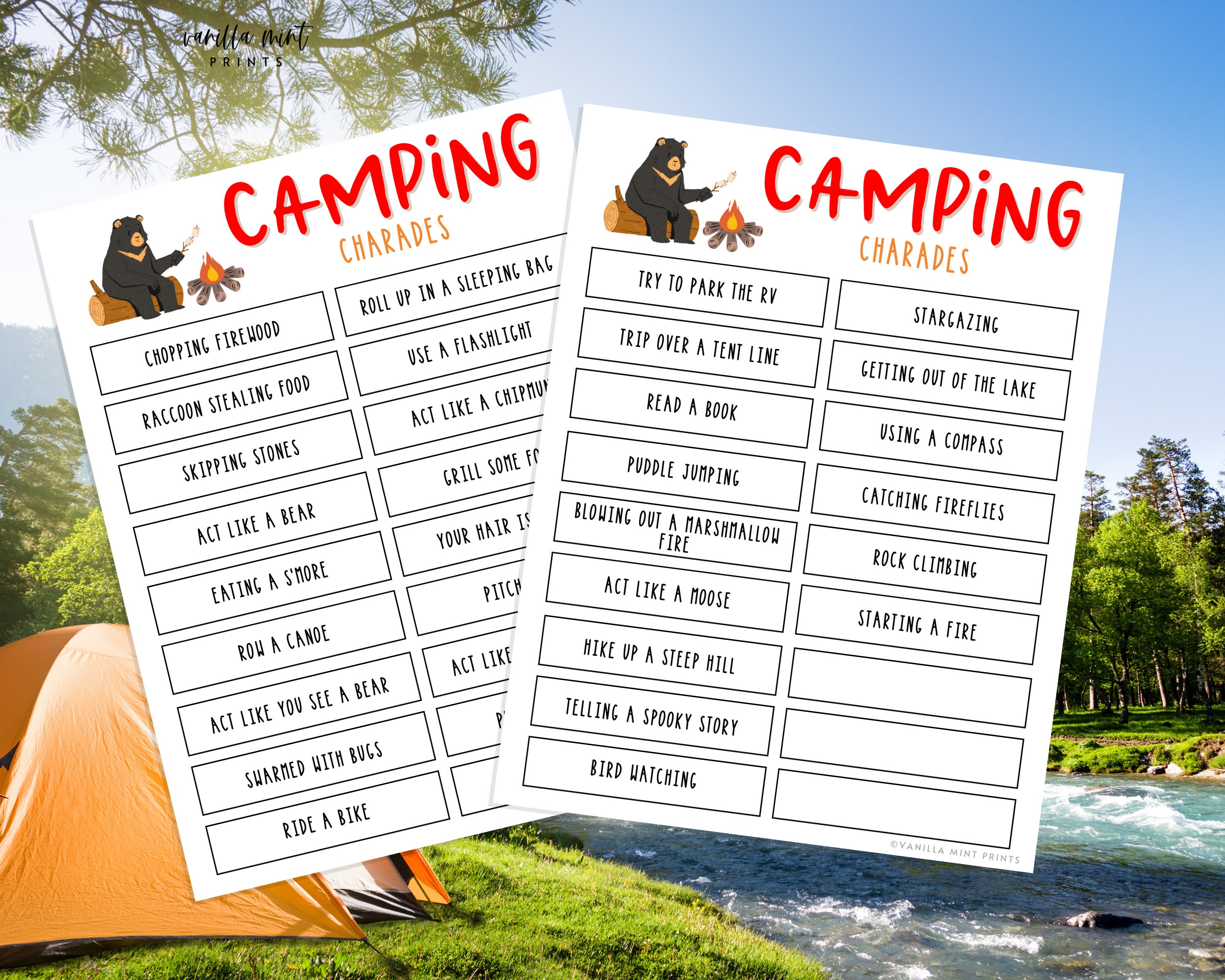 Camping Charades 33 Charade Ideas Printable Campground Party - Etsy