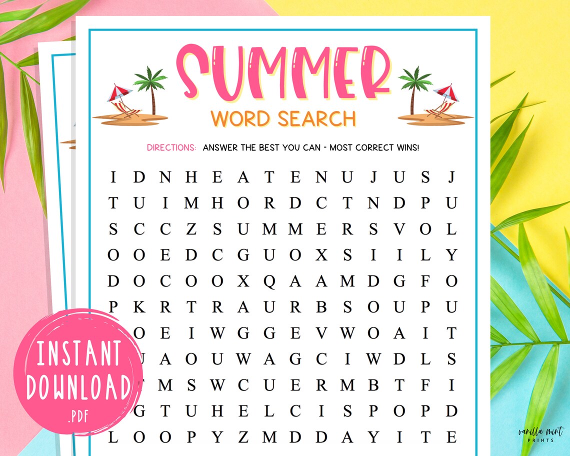 Summer Word Search Printable Summertime Games Party Games - Etsy