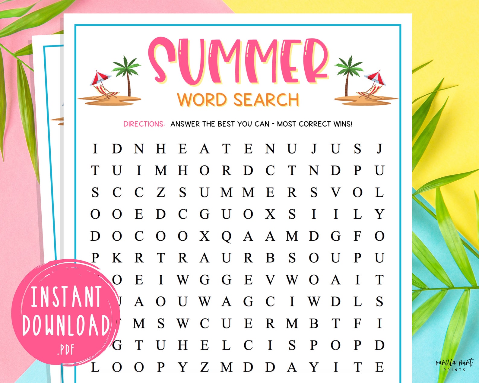 Summer Word Search Printable Summertime Games Party Games Summer ...