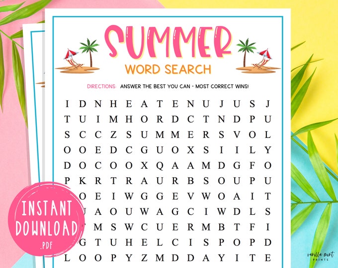 Summer Word Search Printable Summertime Games Party Games - Etsy