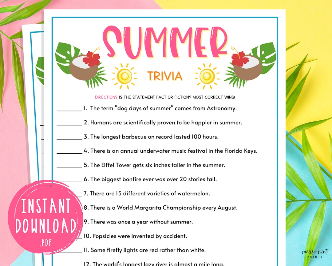 Summer Trivia Game | Printable Summertime Games | Party Games | Summer ...