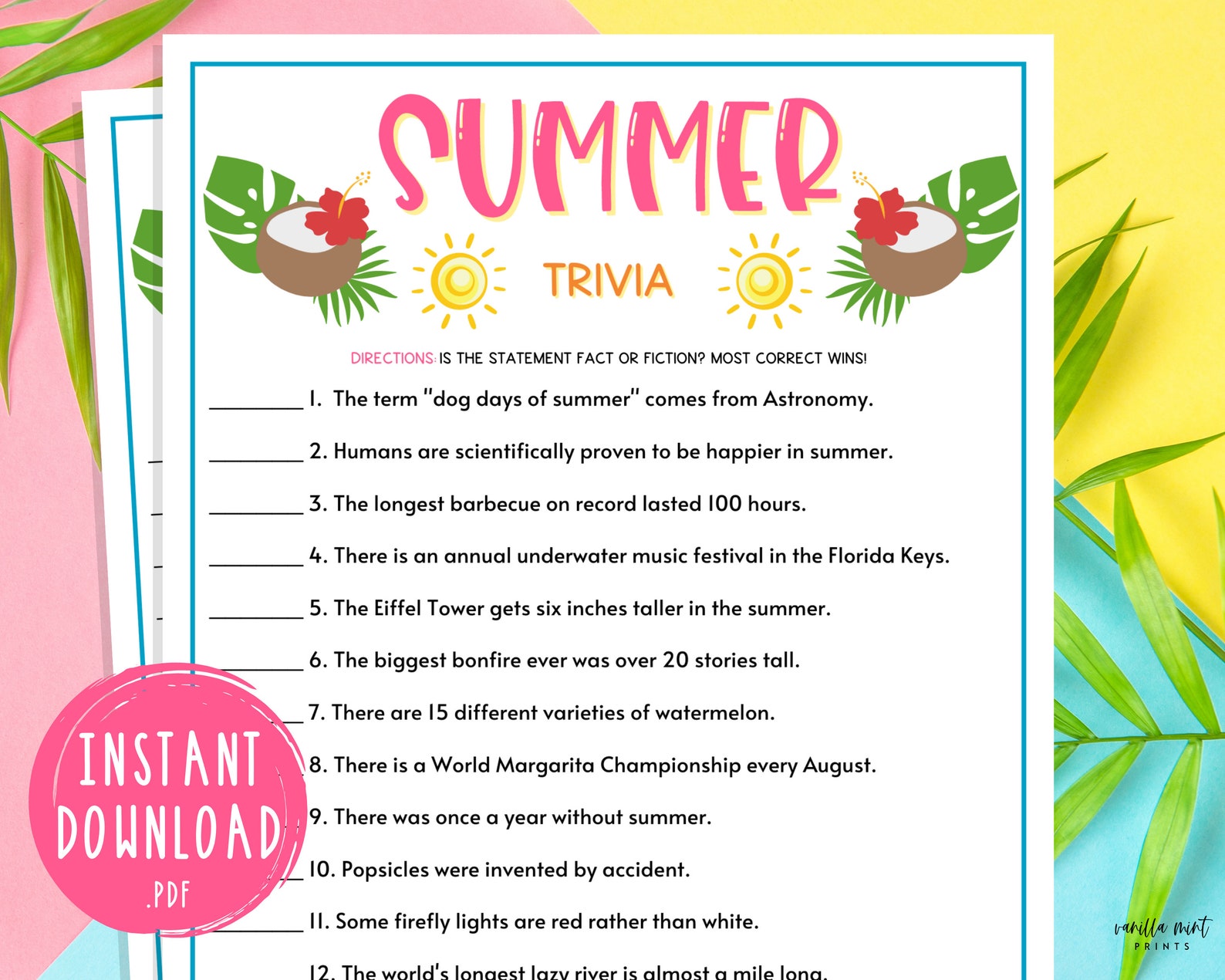 Summer Trivia Game | Printable Summertime Games | Party Games | Summer ...