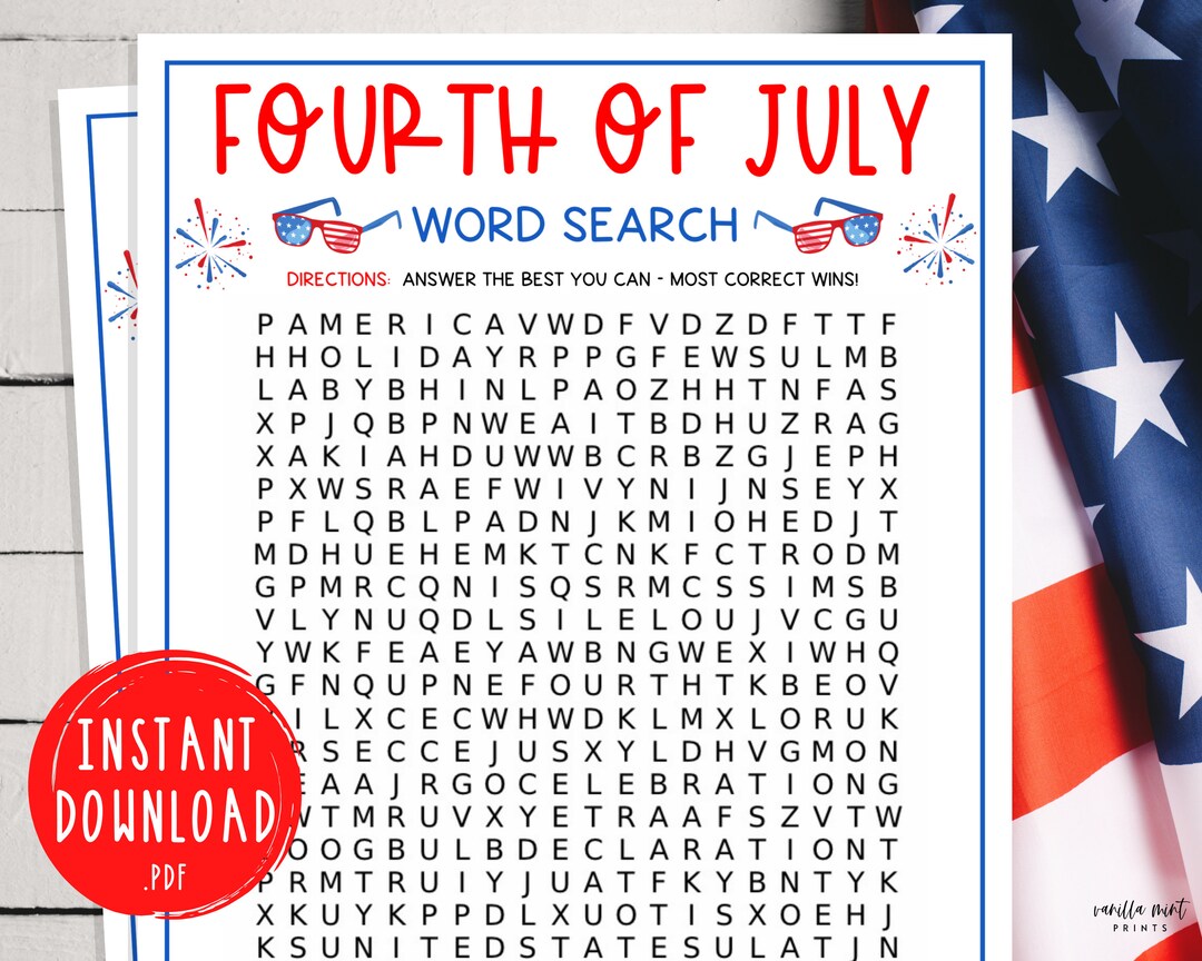 Fourth of July Word Search Game | 4th of July Printable Party Games ...