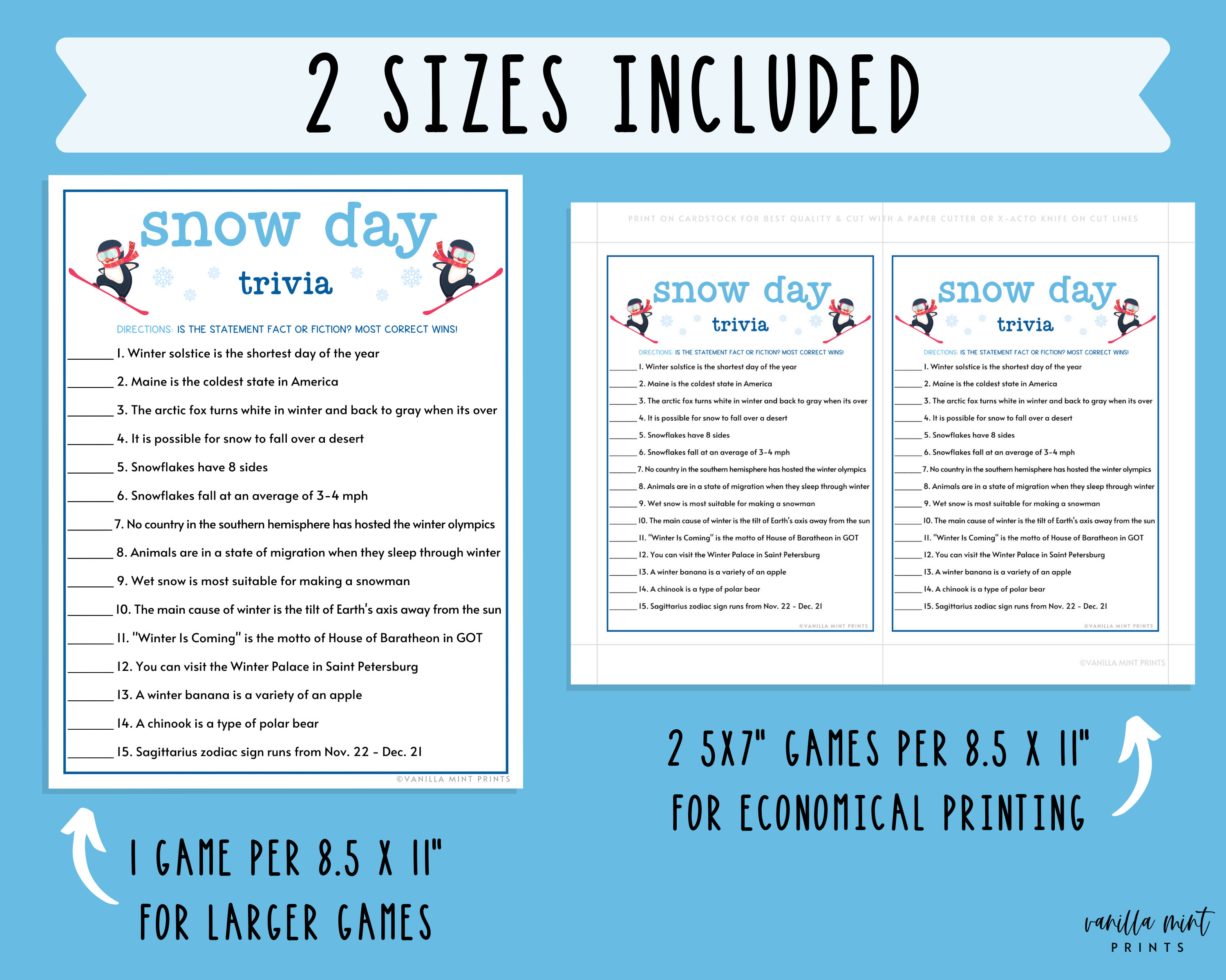 Snow Day Trivia Game Fun Printable Winter Game Wintertime - Etsy