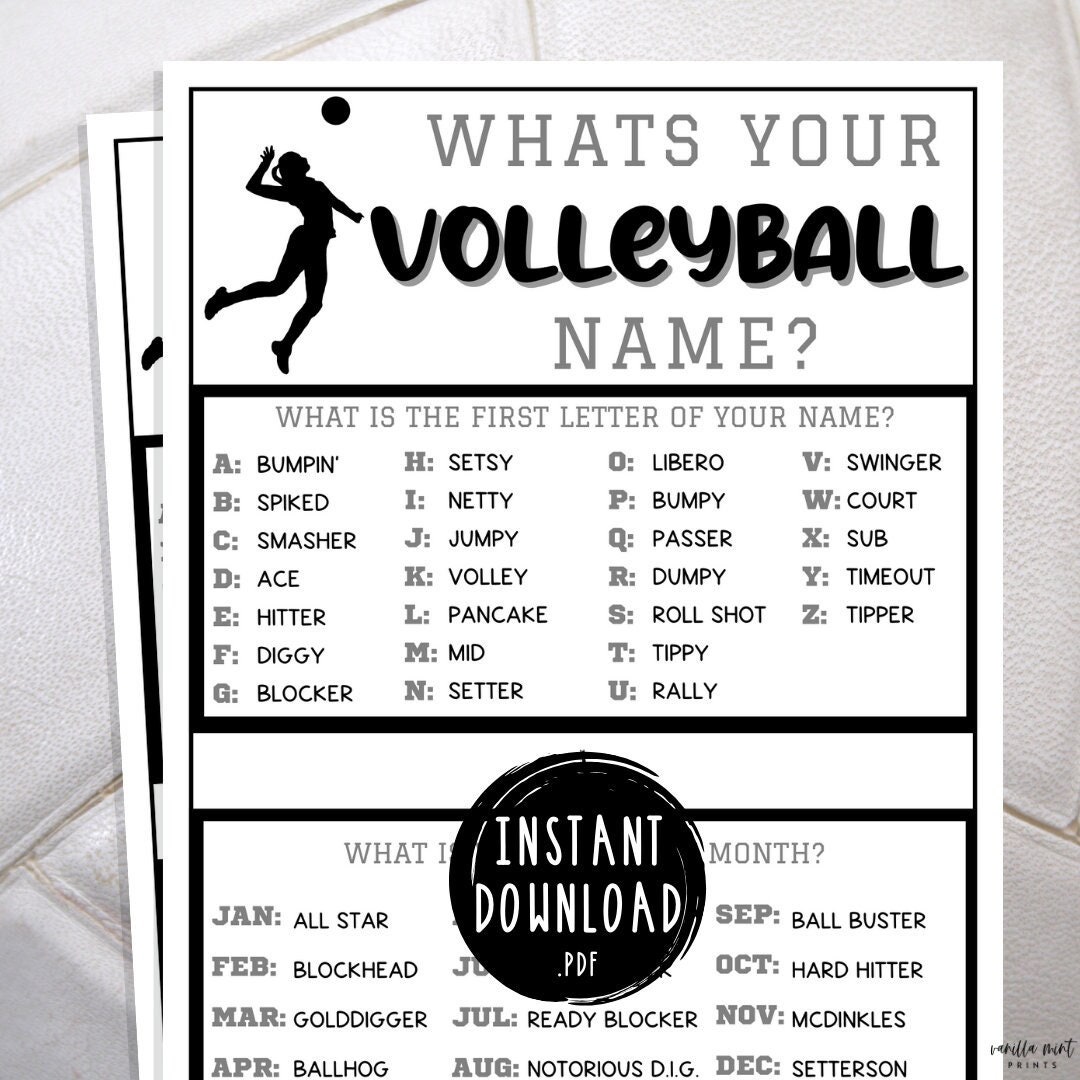 Whats Your Volleyball Name Game | Printable Volleyball Team Party Games ...