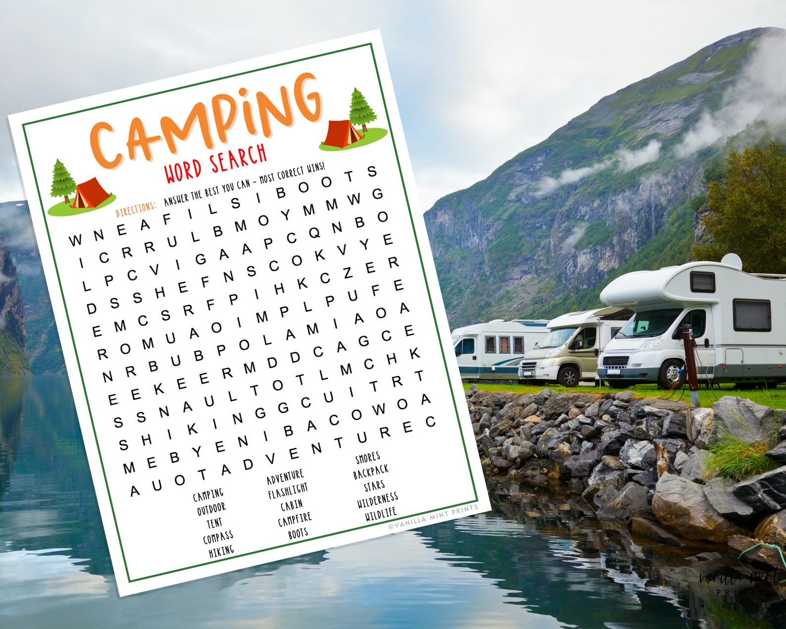 Camping Word Search Printable Campground Games Party Games | Etsy