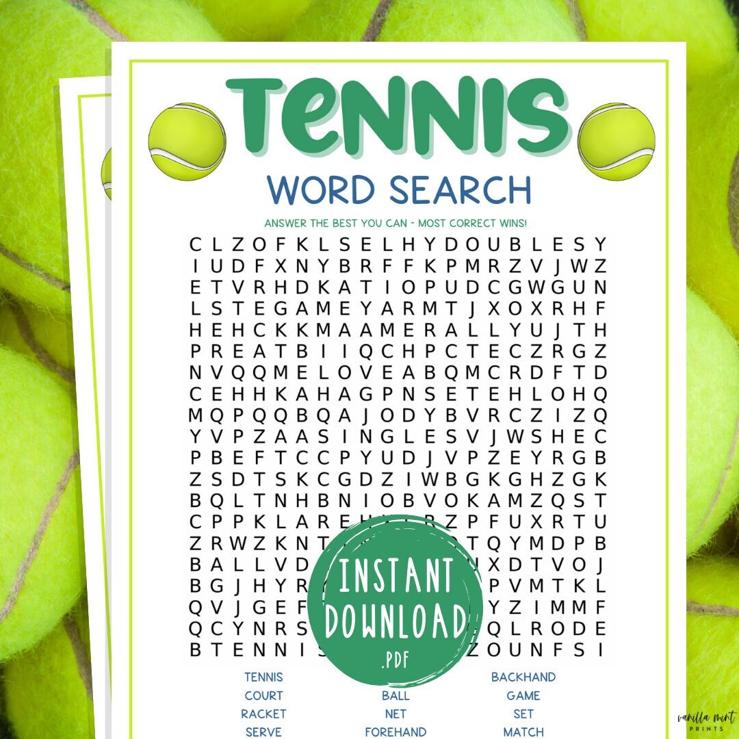 Tennis Word Search Game | Printable Tennis Themed Party Games | Tennis ...