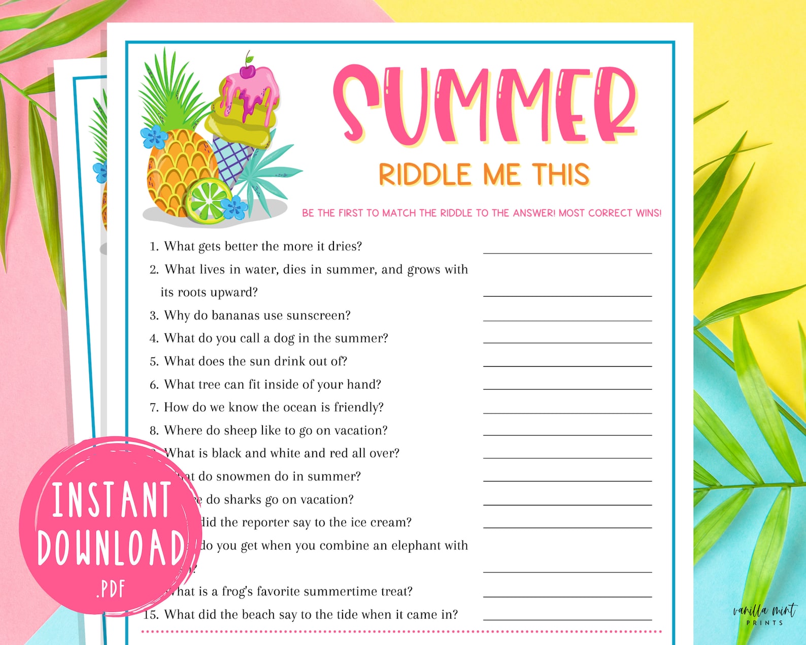 Summer Riddle Me This Game Printable Summertime Games - Etsy