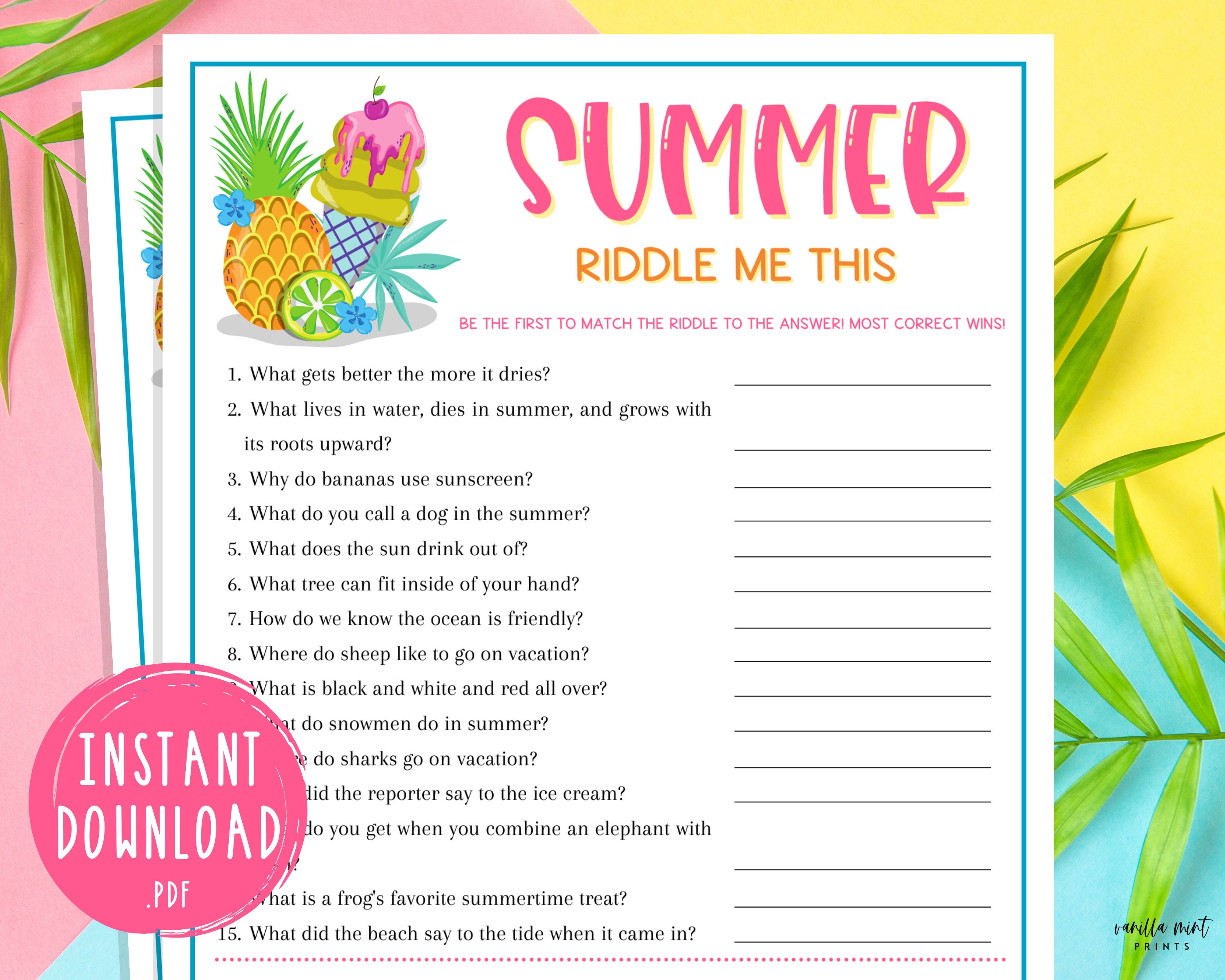 Summer Riddle Me This Game Printable Summertime Games - Etsy