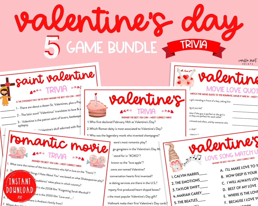 Valentine's Day 5 Game Trivia BUNDLE Fun Valentine's Day Printable ...