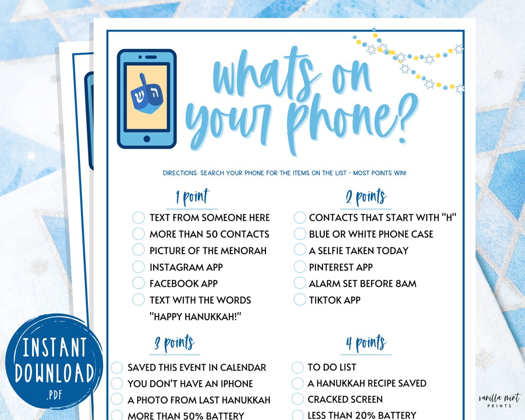 Hanukkah Whats on Your Phone Party Game | Chanukah Celebration Games ...
