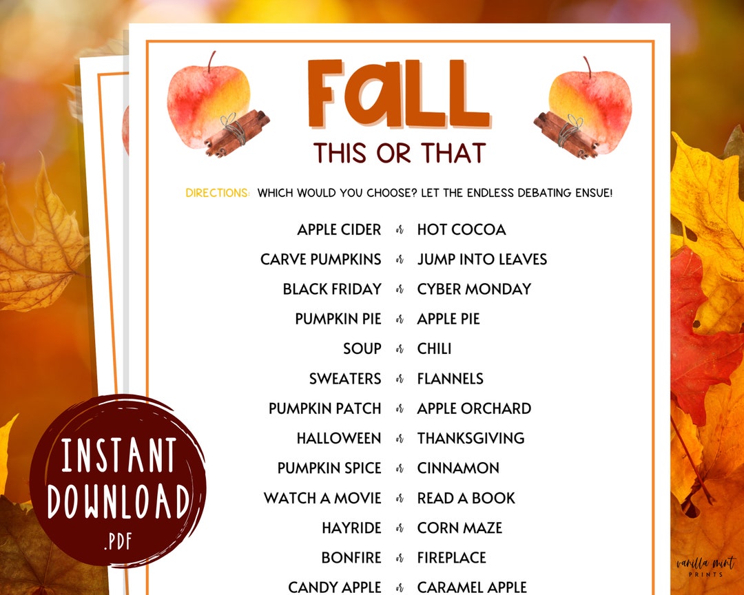 Fall This or That Game Printable Autumn Party Game Fall - Etsy