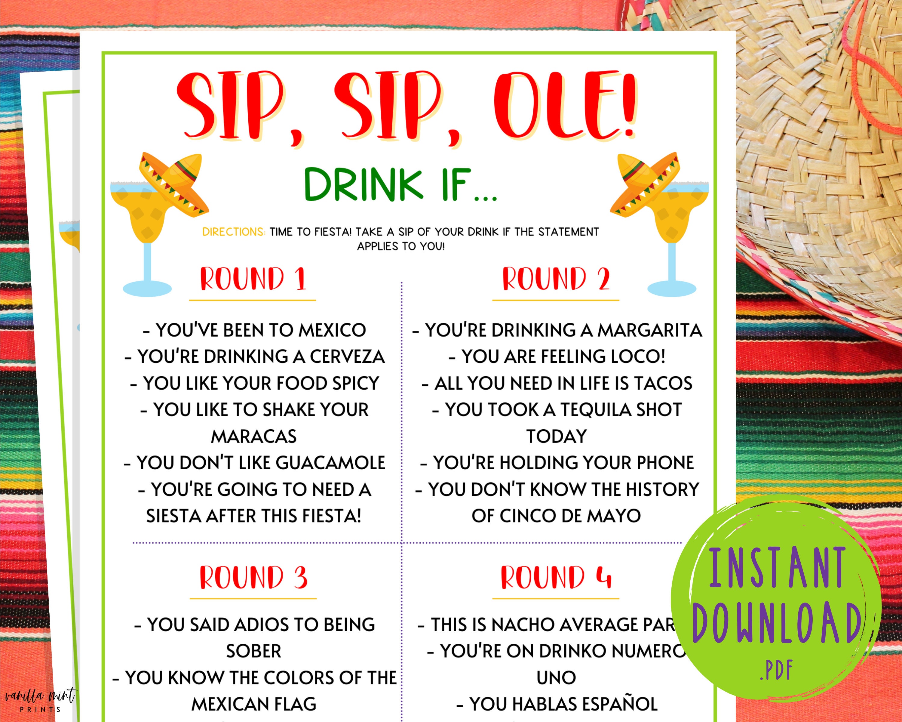 Cinco De Mayo Sip Sip Ole Drink If Game Drinking Game - Etsy