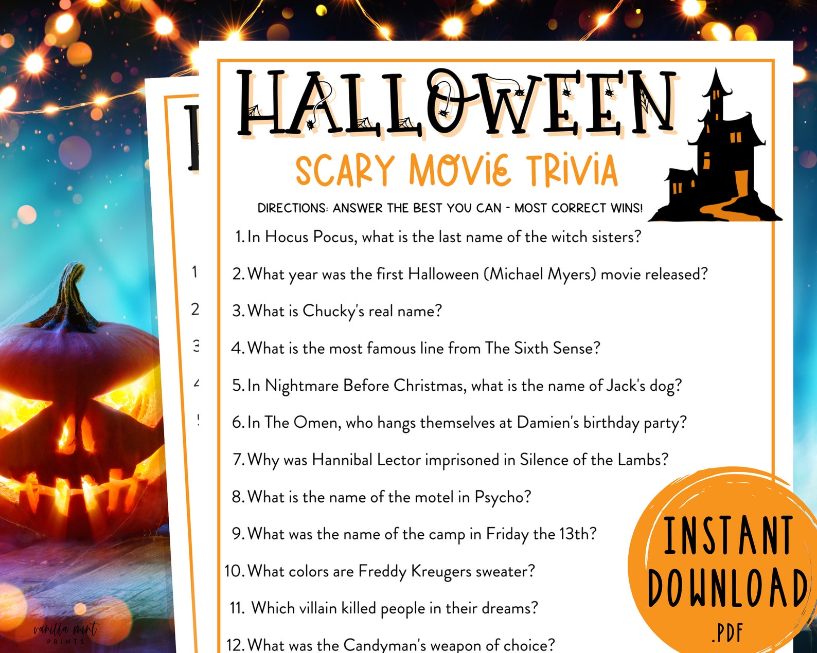 Halloween Scary Movie Trivia Game Halloween Printable Games - Etsy