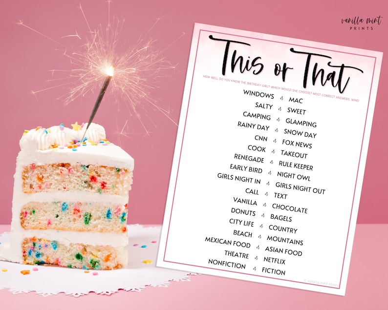 PINK Adult Birthday Party Games Birthday This or That Party - Etsy