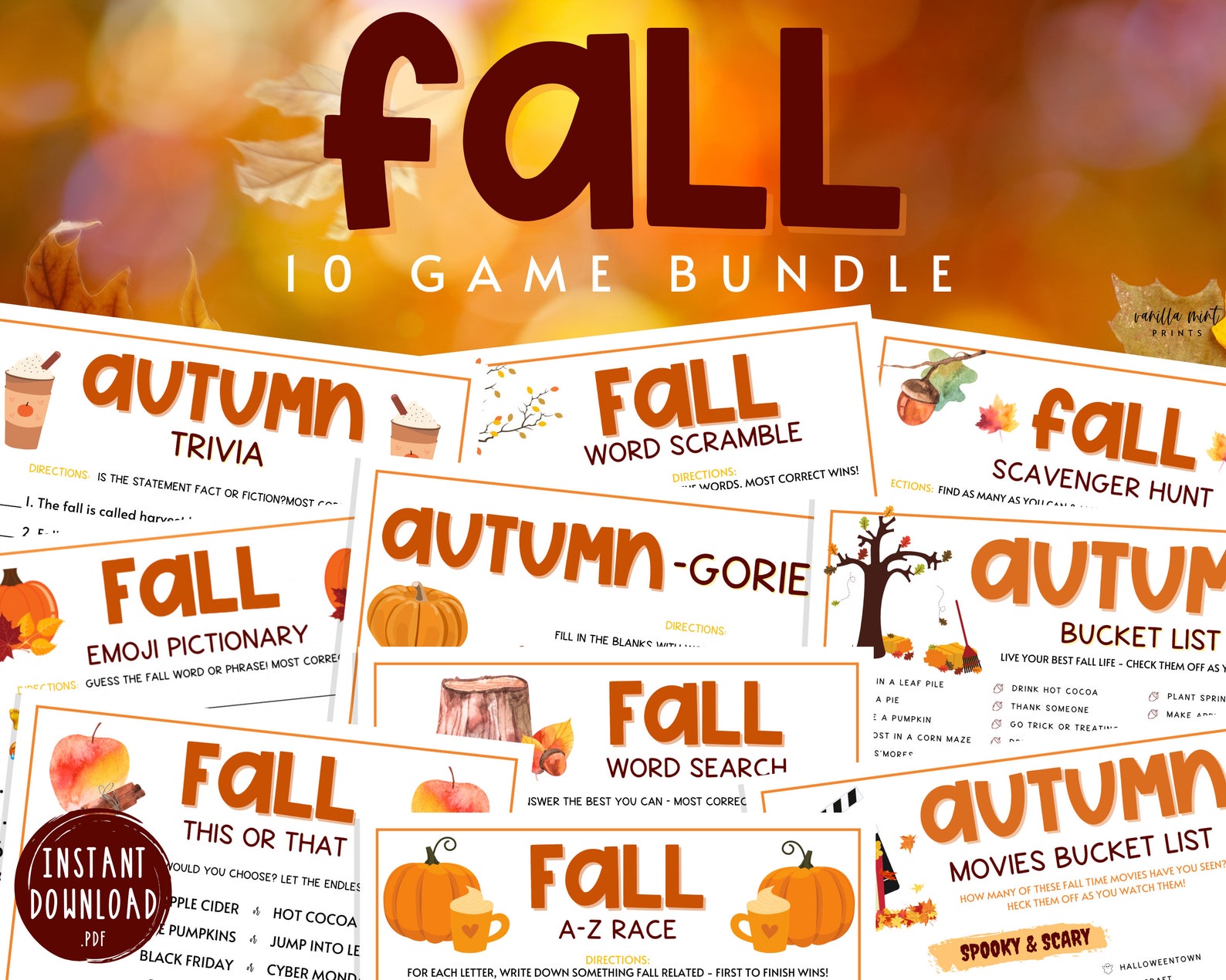 Fall 10 Game BUNDLE Printable Autumn Game Bundle Fall Time | Etsy