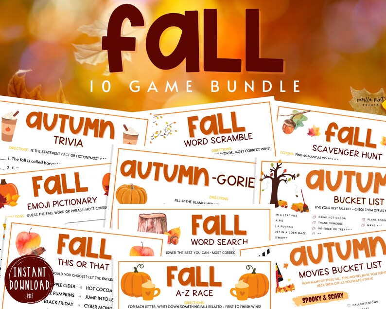 Fall 10 Game BUNDLE Printable Autumn Game Bundle Fall Time - Etsy