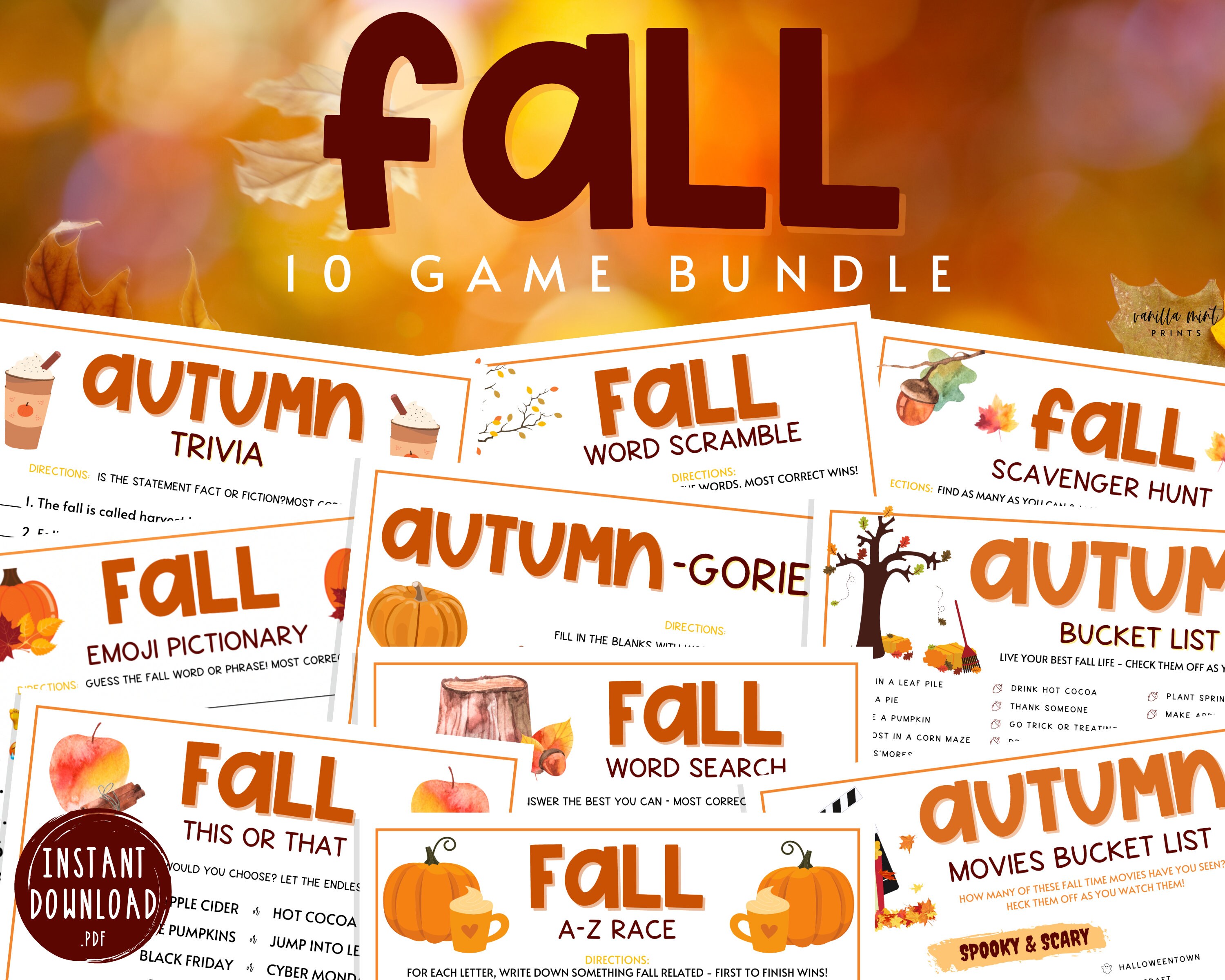 Fall 10 Game BUNDLE Printable Autumn Game Bundle Fall Time | Etsy