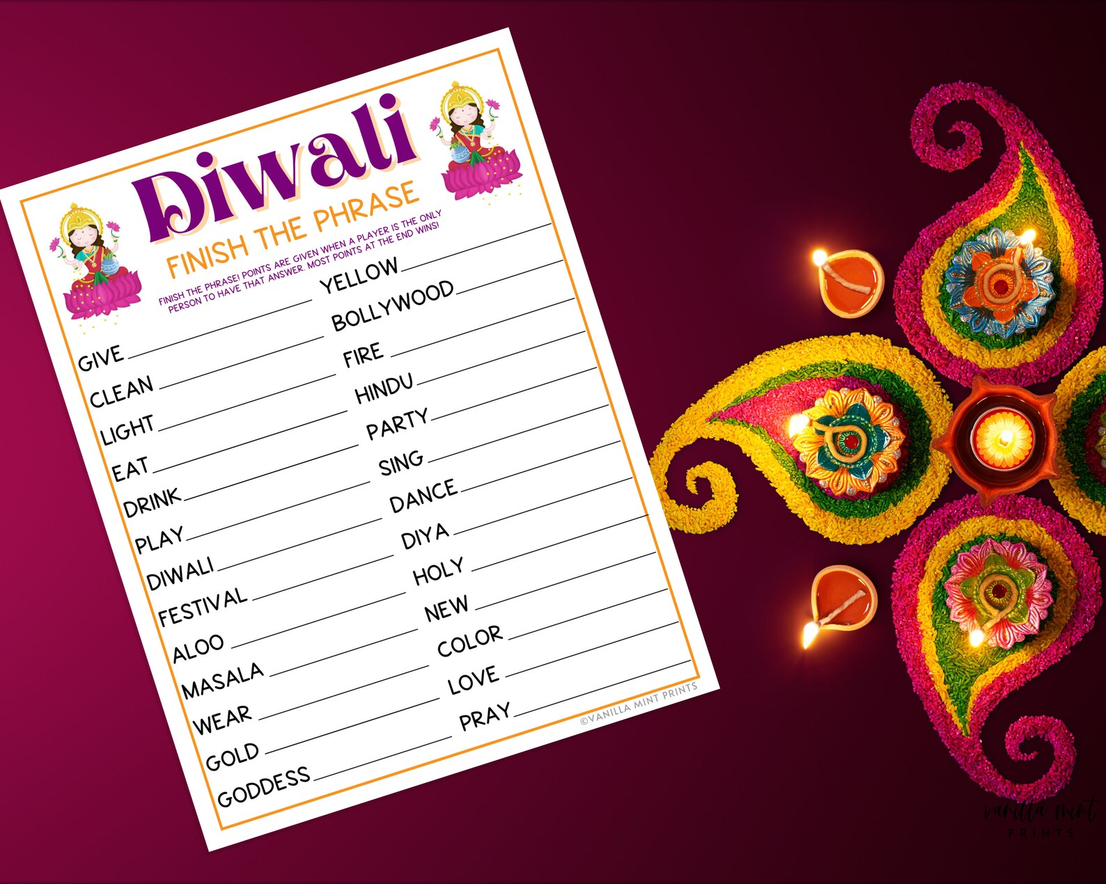 Diwali Finish the Phrase Game Printable Festival of Lights - Etsy