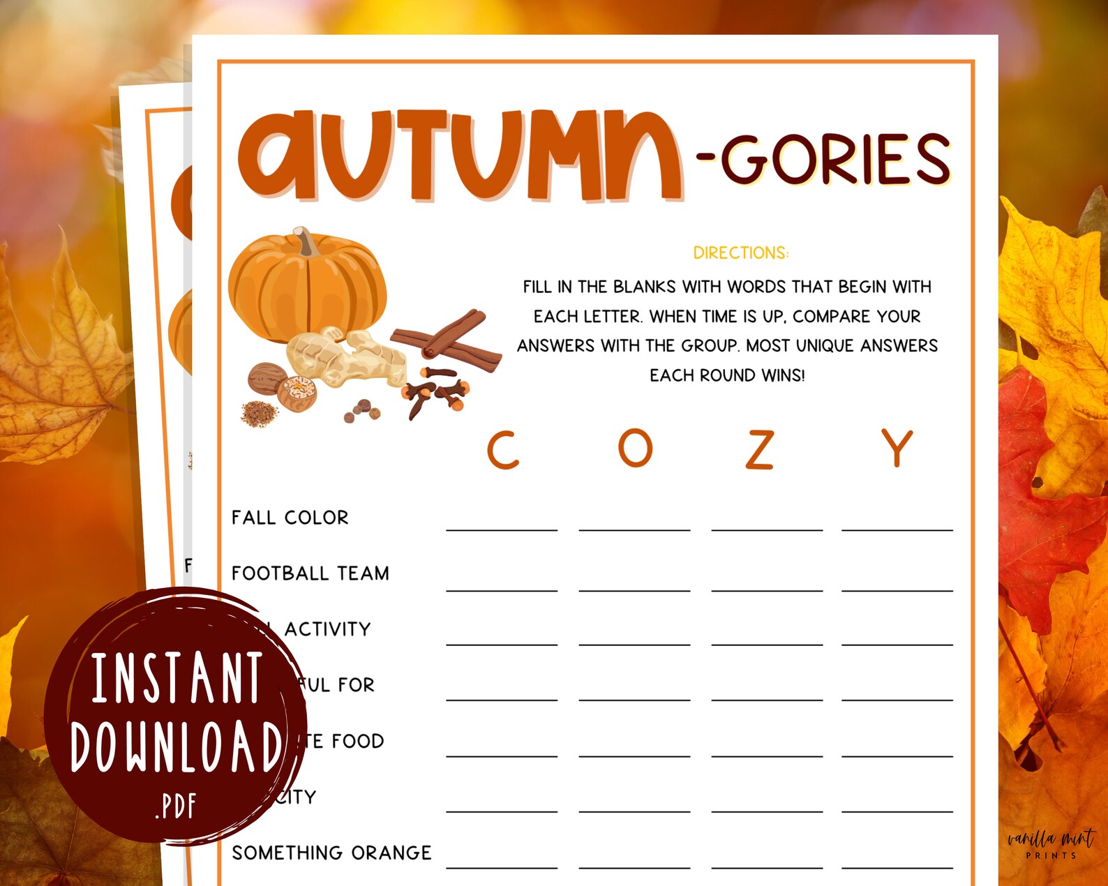 Autumn-gories Fall Scattergories Printable Party Games - Etsy